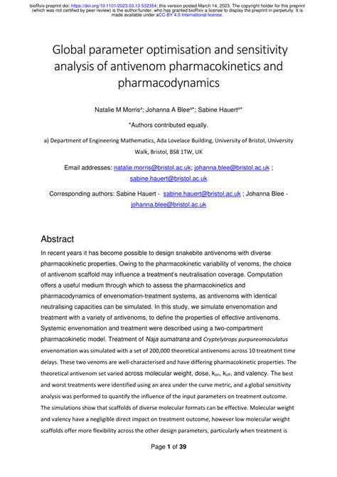 Pdf Global Parameter Optimisation And Sensitivity Analysis Of Antivenom Pharmacokinetics And Pdf Global Parameter Optimisation And Sensitivity Analysis Of Antivenom Pharmacokinetics And