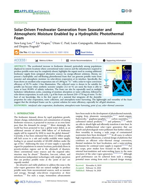Pdf Solar Driven Freshwater Generation From Seawater And Atmospheric