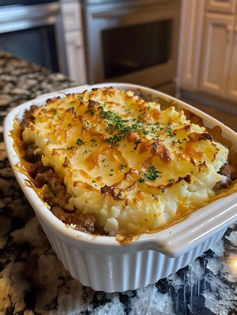 Homemade Savory Cottage Pie With Creamy Mashed Potato Topping And Fresh Herb Garnisha