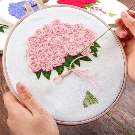 3d Diy Rose Flower Bouquet Embroidery Set With Hoop For Beginner