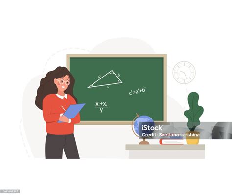 교실에서 여교사 칠판에서 강의하는 교육자 학교와 대학 개념입니다 평면 만화 스타일의 벡터 그림 가정의 방에 대한 스톡 벡터 아트