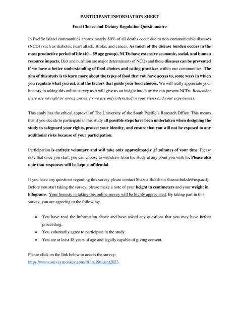 Food Choice And Dietary Regulation Questionnaire Participant Info Sheet