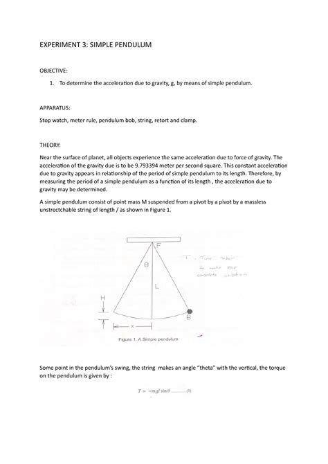 Lab Report 3 Pendulum Experiment 3 Simple Pendulum Objective To