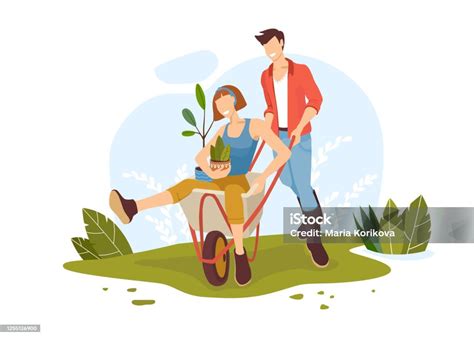 행복한 미소 정원사 사람들 농부 농업 노동자의 부부 남자는 정원 수레에 여자를 타고 여자는 식물과 꽃을 보유하고 있습니다 플랫