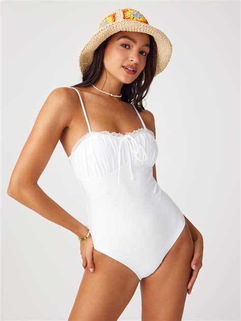 Lace Trim Ruched One Piece Swimsuit For Vacation Swimming Pool Beach