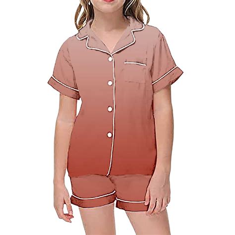 Teen Girls Pajama Set Gradient Short Sleeve Button Down Nightwear With