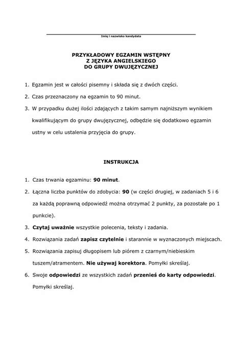 PDF PRZYKŁADOWY EGZAMIN WSTĘPNY Z J ZYKA Imię i nazwisko kandydata PRZYKŁADOWY EGZAMIN