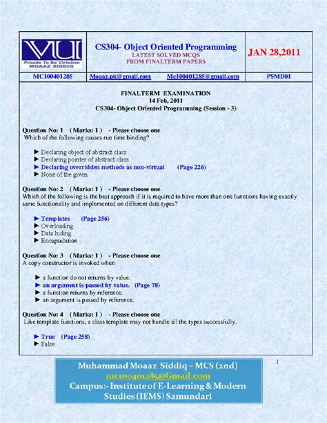 cs304 solved mcqs final term by junaid cs304 oop solved macq s