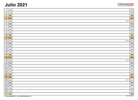 Calendario Julio 2021 En Pdf Excel Y Word Calendarpedia