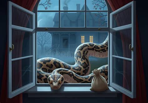 A Large Python Coiling Stealthily Through The Open Window Of A
