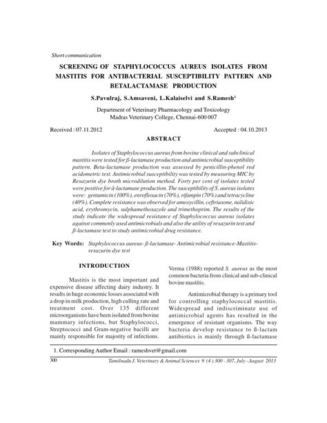 Pdf Screening Of Staphylococcus Aureus Isolates From Mastitis For Antibacterial Susceptibility