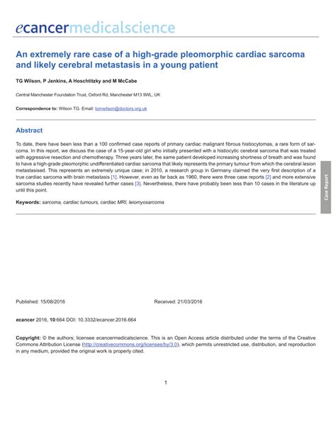 Pdf An Extremely Rare Case Of A High Grade Pleomorphic Cardiac Sarcoma And Likely Cerebral
