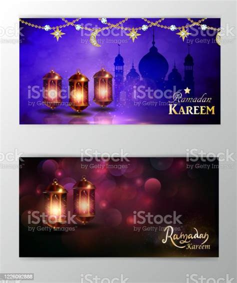 카드의 흐린 배경 세트에 라마단 카림 인사말 Ramadan Kareem에 대한 스톡 벡터 아트 및 기타 이미지 Ramadan