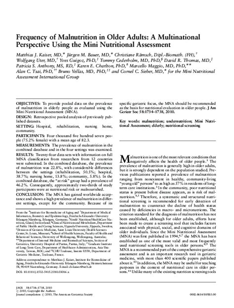 Pdf Frequency Of Malnutrition In Older Adults A Multinational Perspective Using The Mini