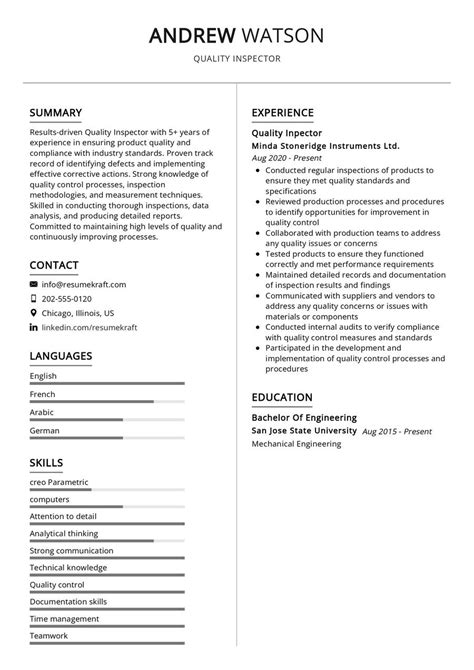 Quality Inspector Cv Example In 2025 Resumekraft