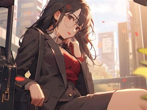 Premium Photo Anime Girl Sitting On A Suitcase In A City With A Red