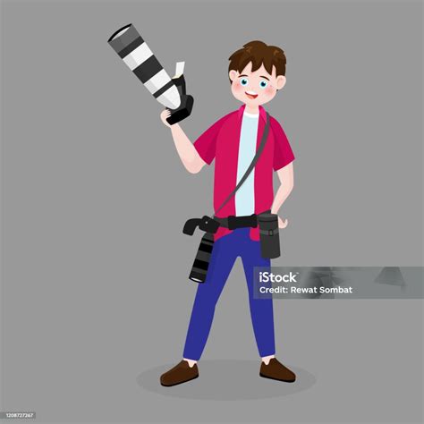 배경에 고립 된 카메라서와 소년 사진 작가 캐릭터 만화 스타일의 벡터 일러스트레이션 가방에 대한 스톡 벡터 아트 및 기타 이미지 가방 각도 감정 Istock