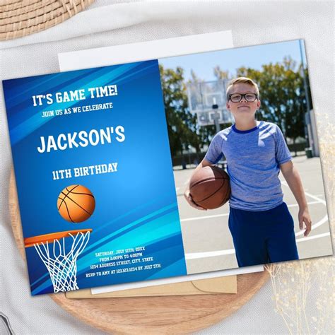 Basket Blue Back Basketball Invitations With Photo Zazzle Ball