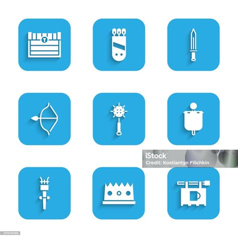 중세 체인 메이스 볼 킹 크라운 바 깃발 횃불 불꽃 활과 화살표 칼과 골동품 보물 가슴 아이콘거리 간판을 설정합니다 벡터 고대의에 대한 스톡 벡터 아트 및 기타 이미지