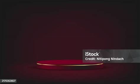 빨간색과 금색 연단이 있는 진한 빨간색 배경 벡터 3d 받침대 연단이 있는 3d 추상 스튜디오 룸 벡터 일러스트 레이 션 0명에 대한 스톡 벡터 아트 및 기타 이미지