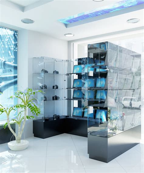 Cold Tone Computer Shop Interior Design High Quality Glass Shelves
