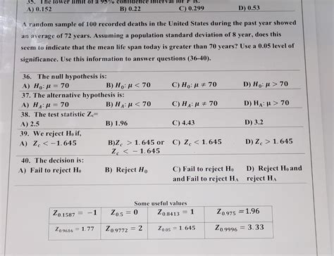 Solved 36 The Null Hypothesis Is A H0 μ 70 B H0 μ
