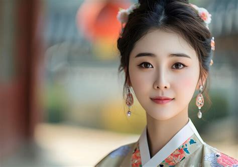 Portrait Of A Young Korean Woman In Traditional Dress Premium Ai