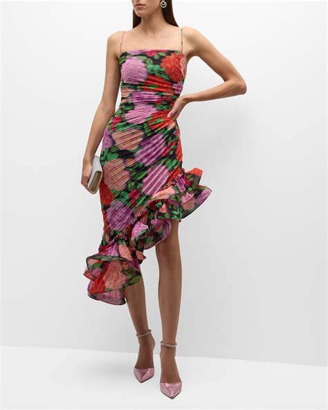 Ungaro Jude Pleated Floral Print Ruffle Midi Dress Neiman Marcus