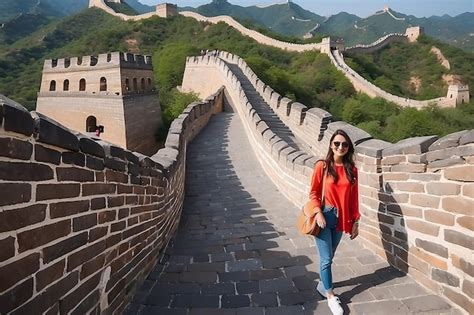 Premium Photo Portrait Of Female Tourist Visiting The Great Wall Of China