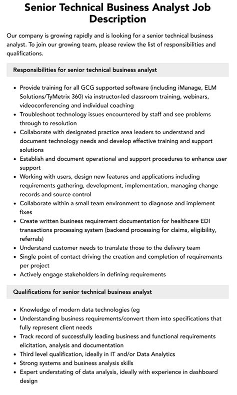 Senior Technical Business Analyst Job Description Velvet Jobs