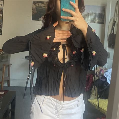 Vintage Flare Sleeve Black Tie Front Top With Roses Depop
