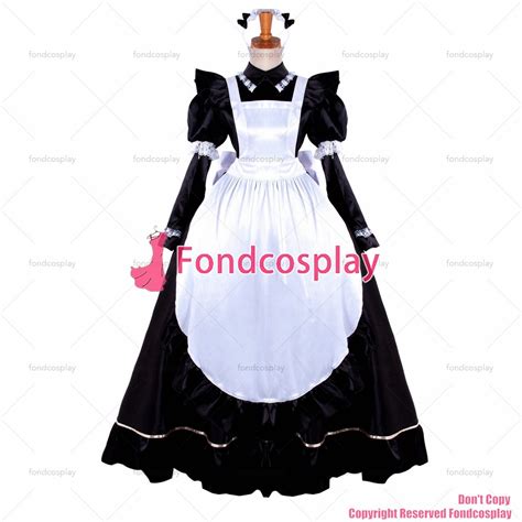 Fondcosplay Adult Sexy Cross Dressing Sissy Maid Long Black Satin Dress