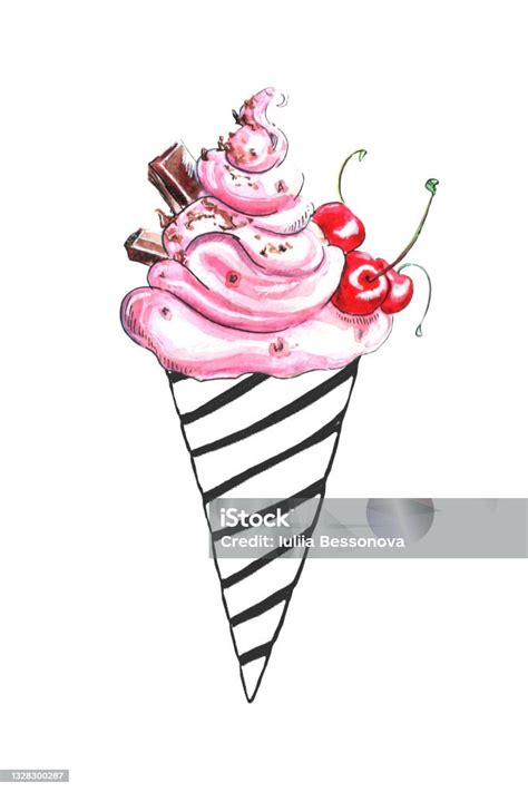 아름다운 핑크 수채화 추상적 인 반투명 아이스크림은 흰색 배경에 체리와 초콜릿과 검은 윤곽 와플 콘 손으로 그린 섬세한 클립 아트 스케치 스타일의 이미지 거품 내기에 대한