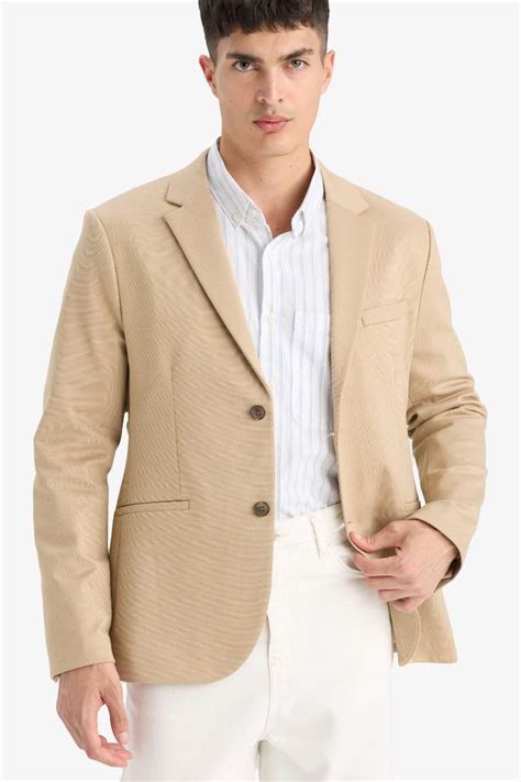 بيج رجالي بليزر سليم فيت مبطن بيج رملي 3239368 Defacto