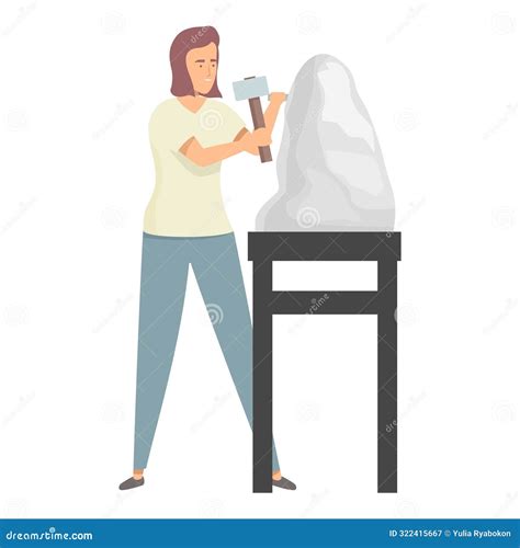 Woman Sculptor Carving Stone Sculpture With Hammer And Chisel Stock
