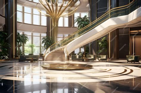 Premium Ai Image Hotel Lobby With A Circular Atrium And Glass Elevators