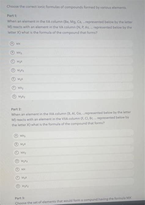 Solved Choose The Correct Ionic Formulas Of Compounds Formed Chegg