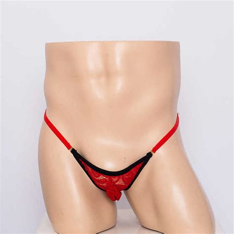 Mens Erotic Low Waist Thong Underwear With Suspender Pockets Lace See