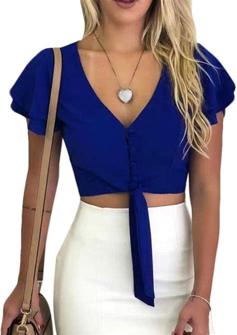 Security T Shirt Für Damen Sexy Bauchfrei Kurzärmelig Tiefer V