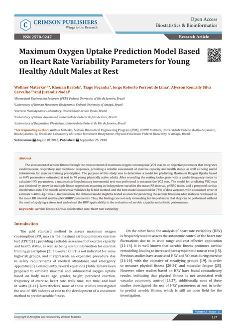 Pdf Maximum Oxygen Uptake Prediction Model Based On Heart Rate Variability Parameters For