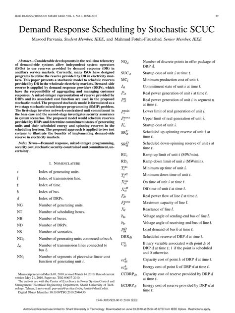 Pdf Demand Response Scheduling By Stochastic Scuc