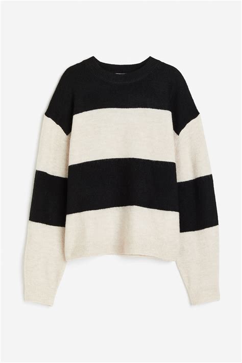 Knitted Jumper Light Beigeblack Striped Ladies Handm Gb