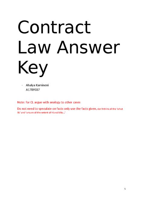 Contract Law Answer Key Contract Law Answer Key Ahalya Kamineni A
