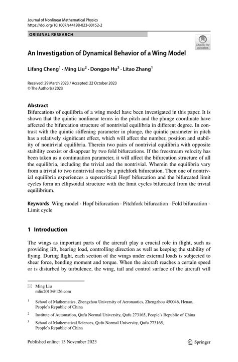 Pdf An Investigation Of Dynamical Behavior Of A Wing Model
