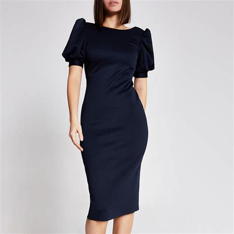 River Island Navy Short Puff Sleeve Midi Bodycon Dress Shopstyle