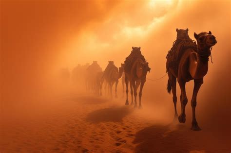 Expedition Across The Desert Majestic Camel Caravan With Laden Packs Traversing Vast Stretches