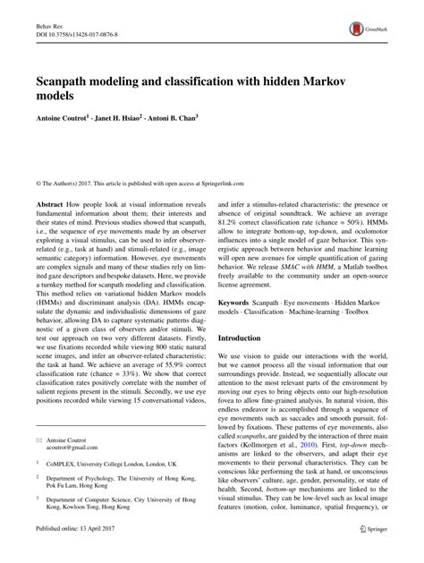 Pdf Scanpath Modeling And Classification With Hidden Markov Models