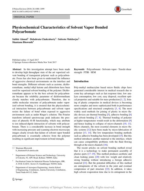 Physicochemical Characteristics Of Solvent Vapor Bonded Polycarbonate