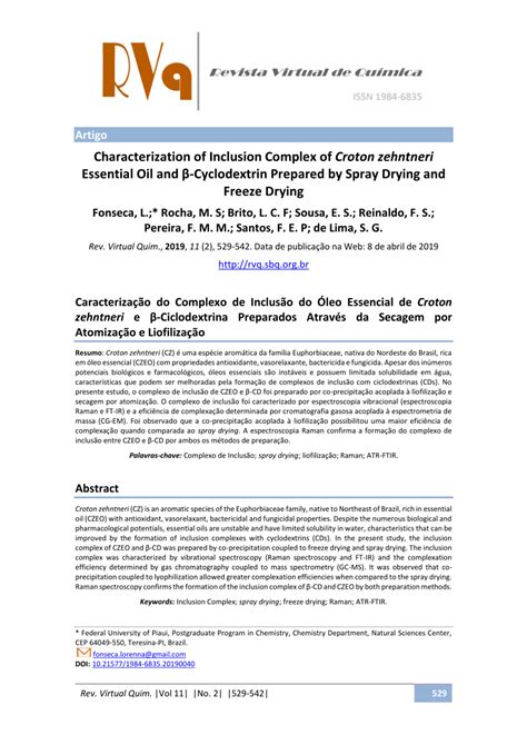 Pdf Characterization Of Inclusion Complex Of Croton Zehntneri
