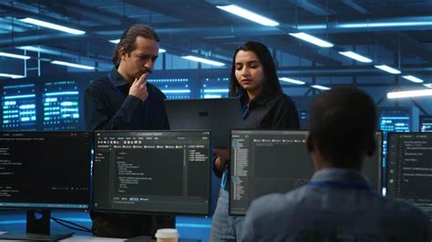 Multiethnic Engineering Team In Server Hub Monitoring Data Center Energy Consumption Across